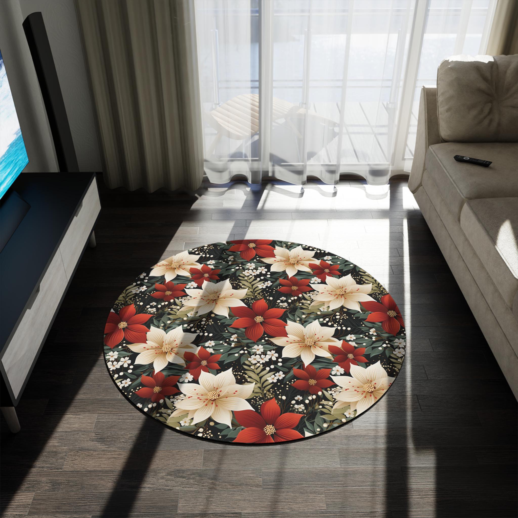 Christmas Poinsettias on Round Rug for Decor Festive Rug for Holiday ...