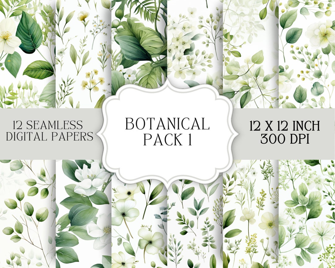 Botanical Flowers Watercolor Green and White Theme Seamless Pattern ...