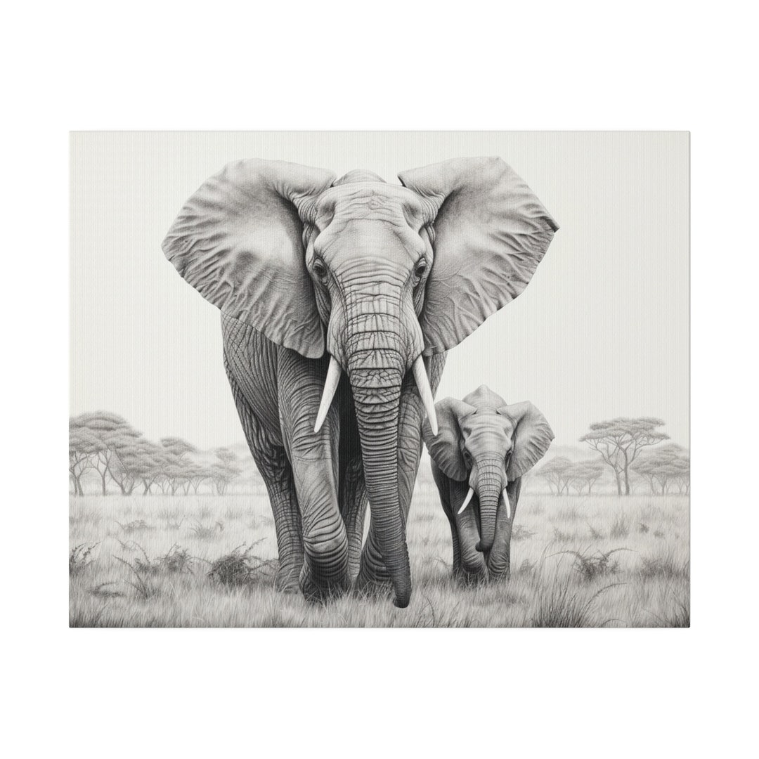 Elephant Drawing on Canvas 02 Pencil Artwork Print, Black & White ...