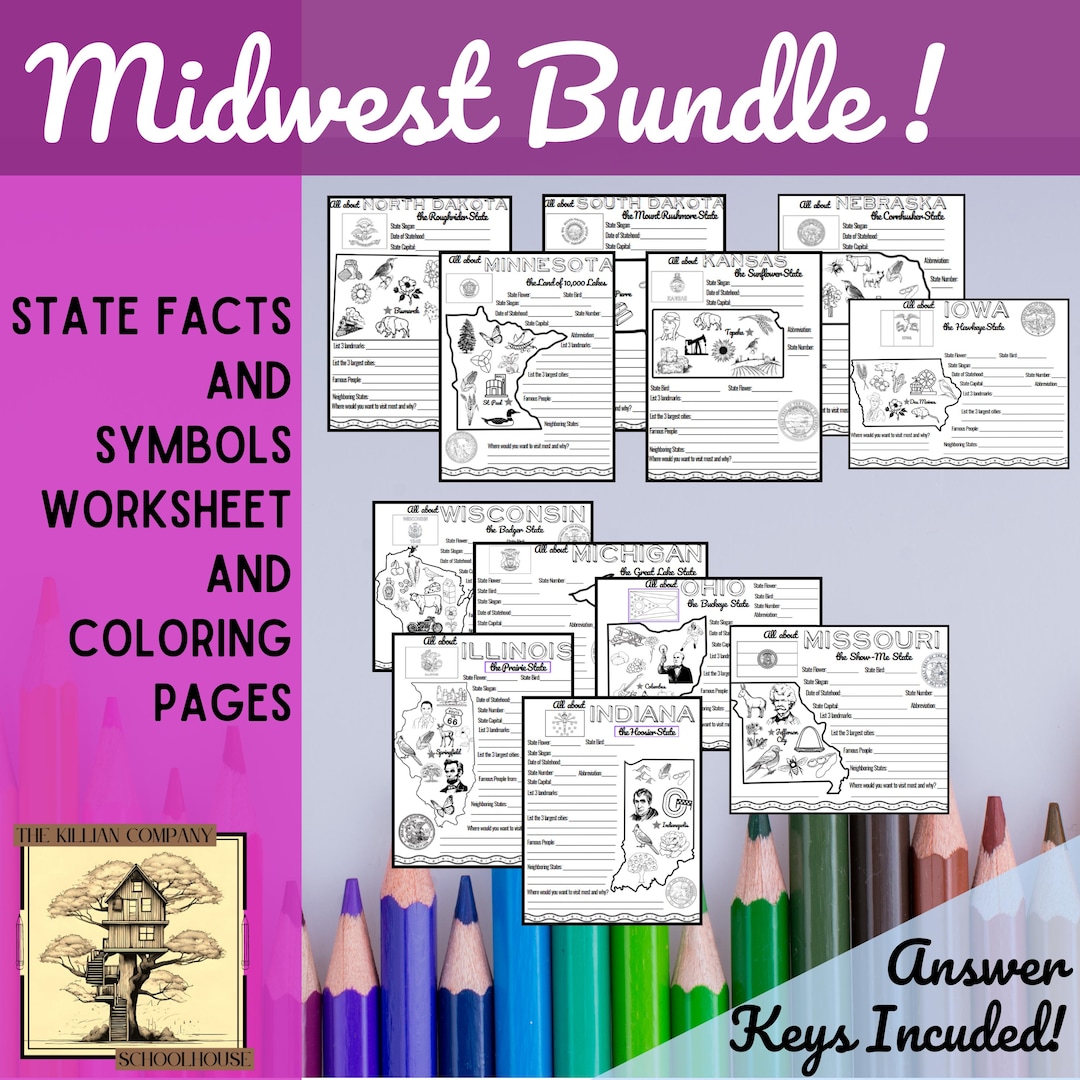 Midwest Region Bundle | 50 States Worksheet and Coloring Page ...