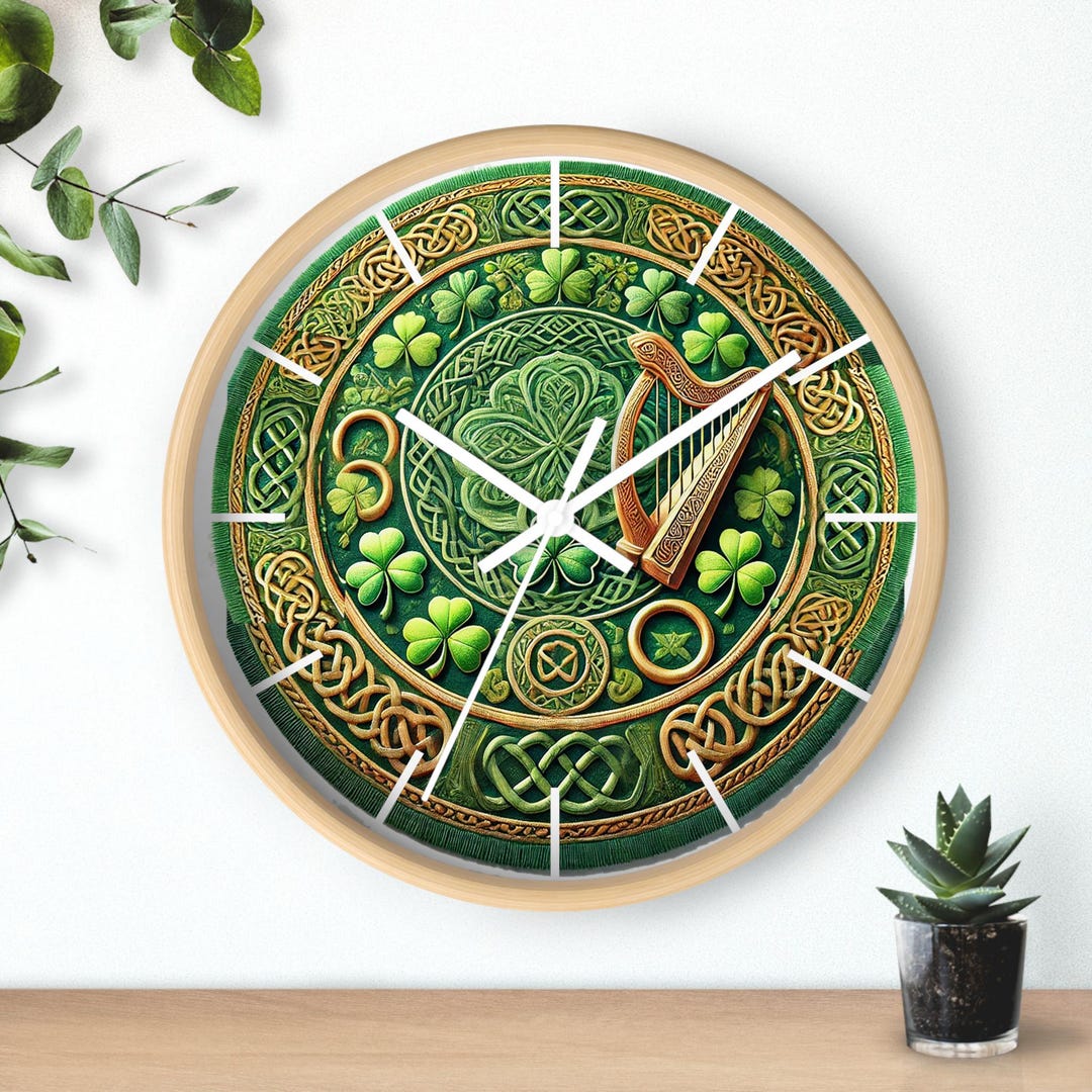 Celtic Harp Wall Clock, Irish Shamrock Art, Silent Home Décor, 10" X 10 ...