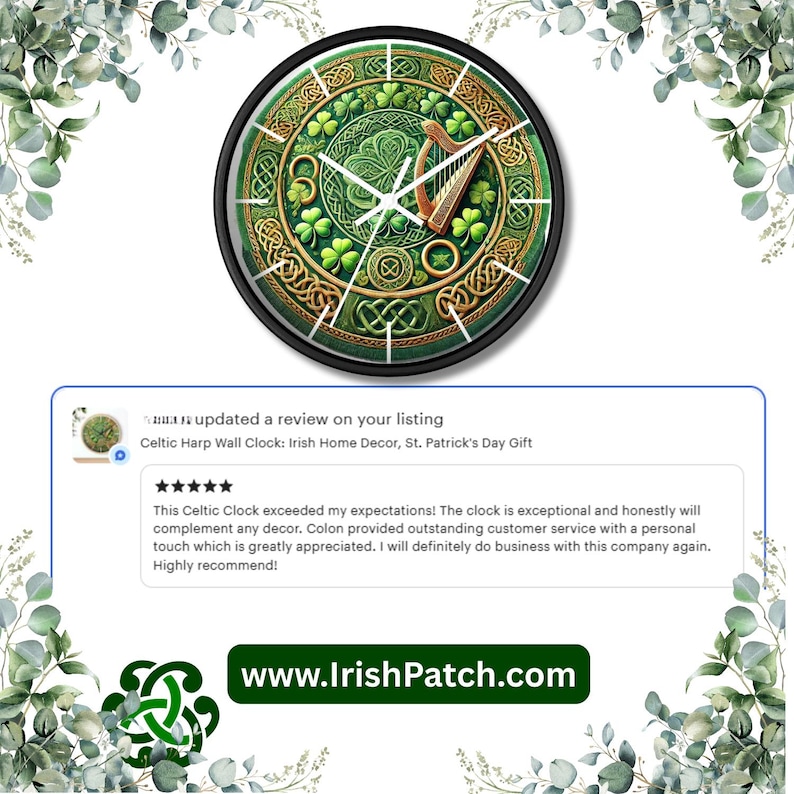 Celtic Harp Wall Clock, Irish Shamrock Art, Silent Home Décor, 10" X 10 ...