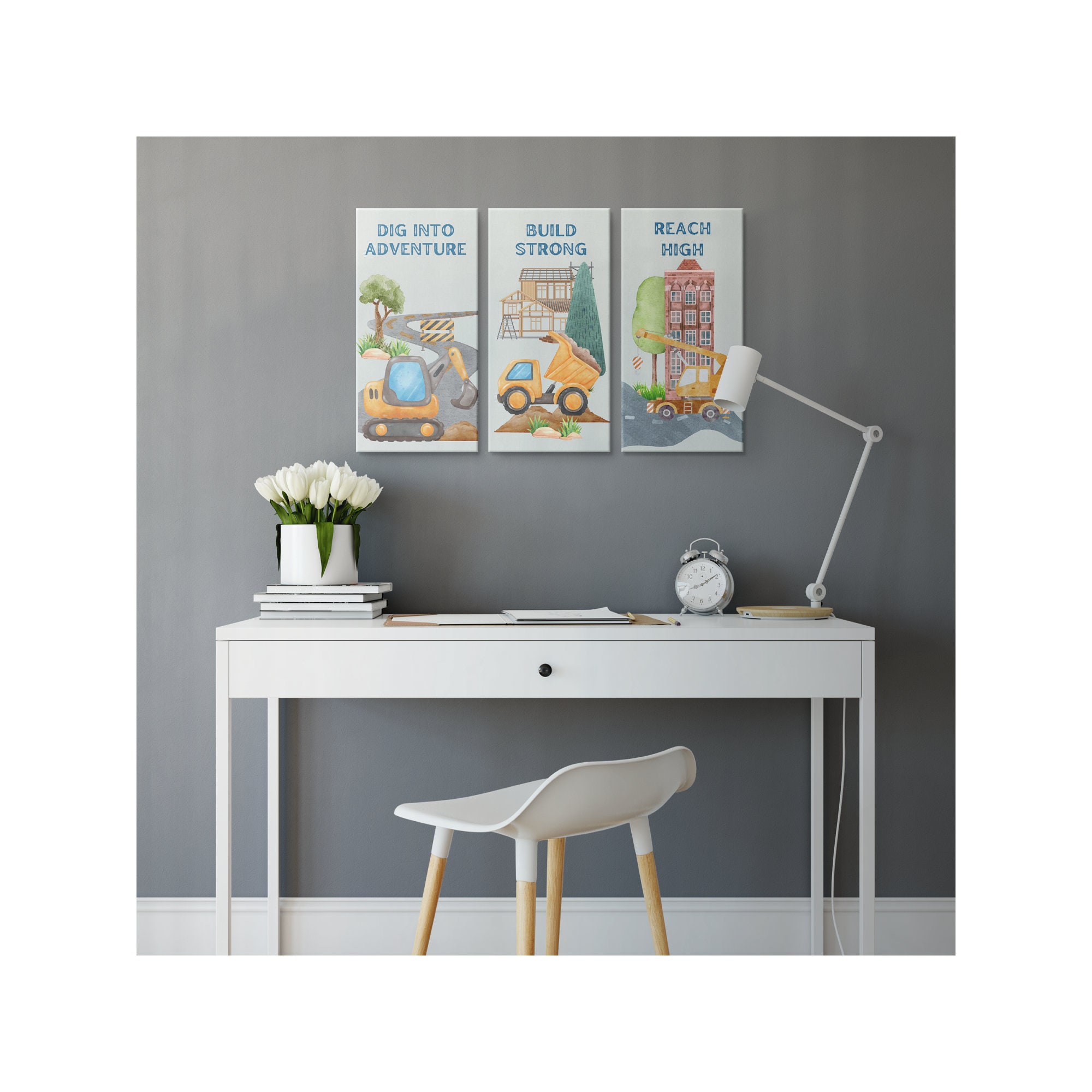 3 Piece Construction Themed Wall Art Set for Boys Room, Canvas Nursery ...