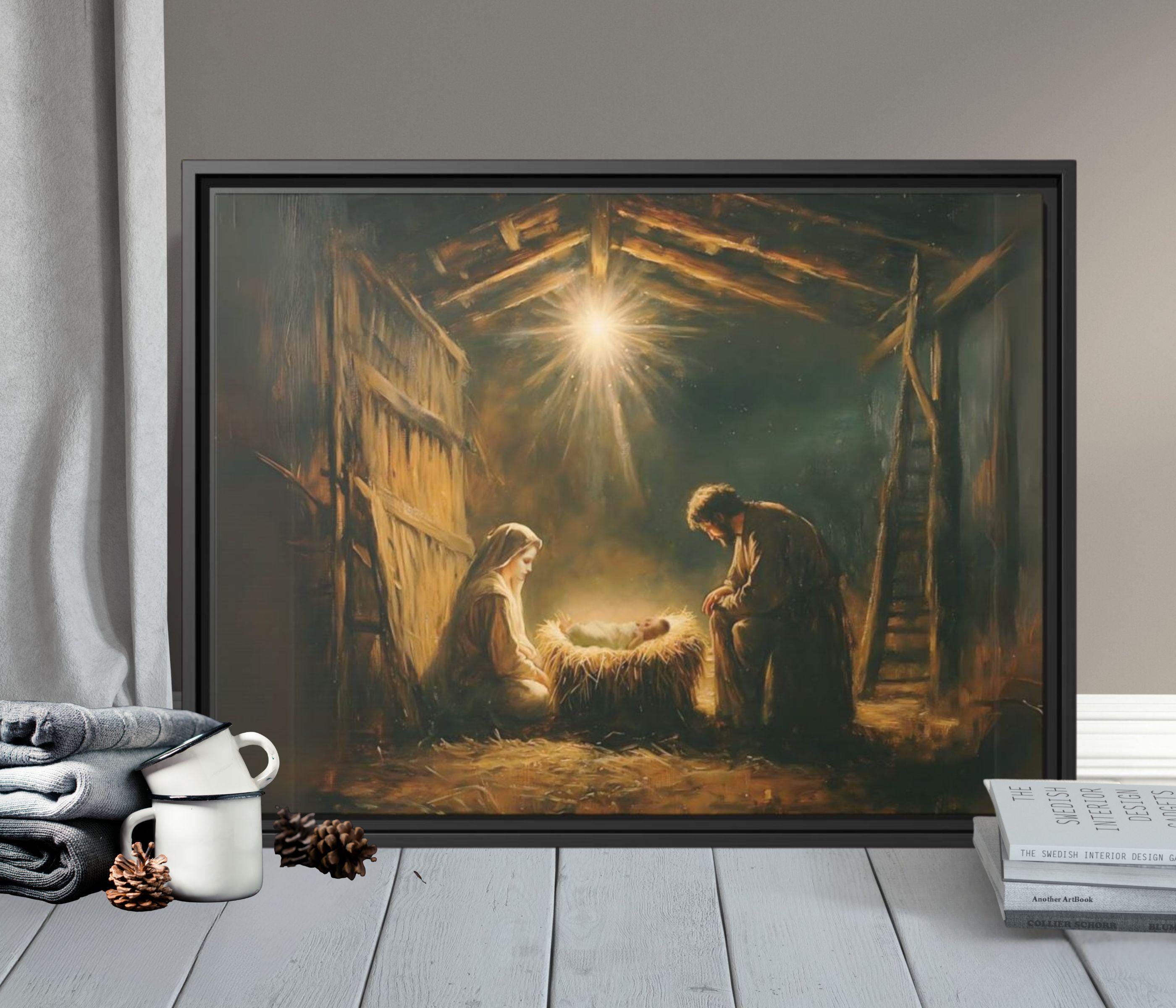 Nativity Scene Print on Canvas - Framed Artwork for Home Decor ...