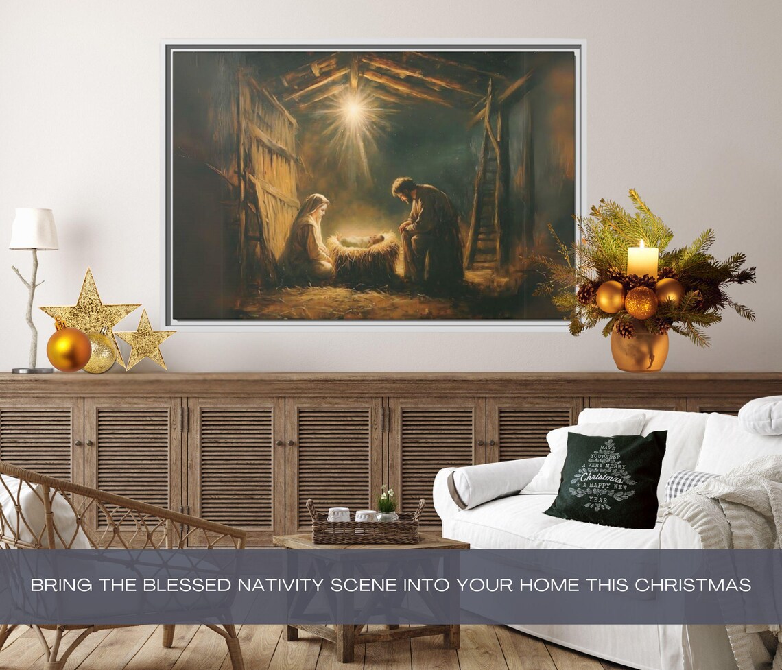 Nativity Scene Print on Canvas - Framed Artwork for Home Decor ...