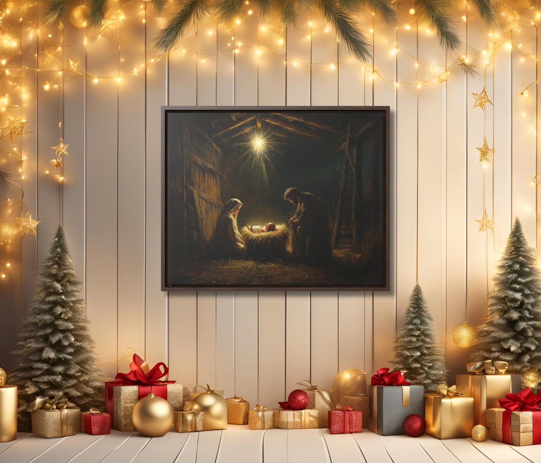 Nativity Scene Print on Canvas - Framed Artwork for Home Decor ...