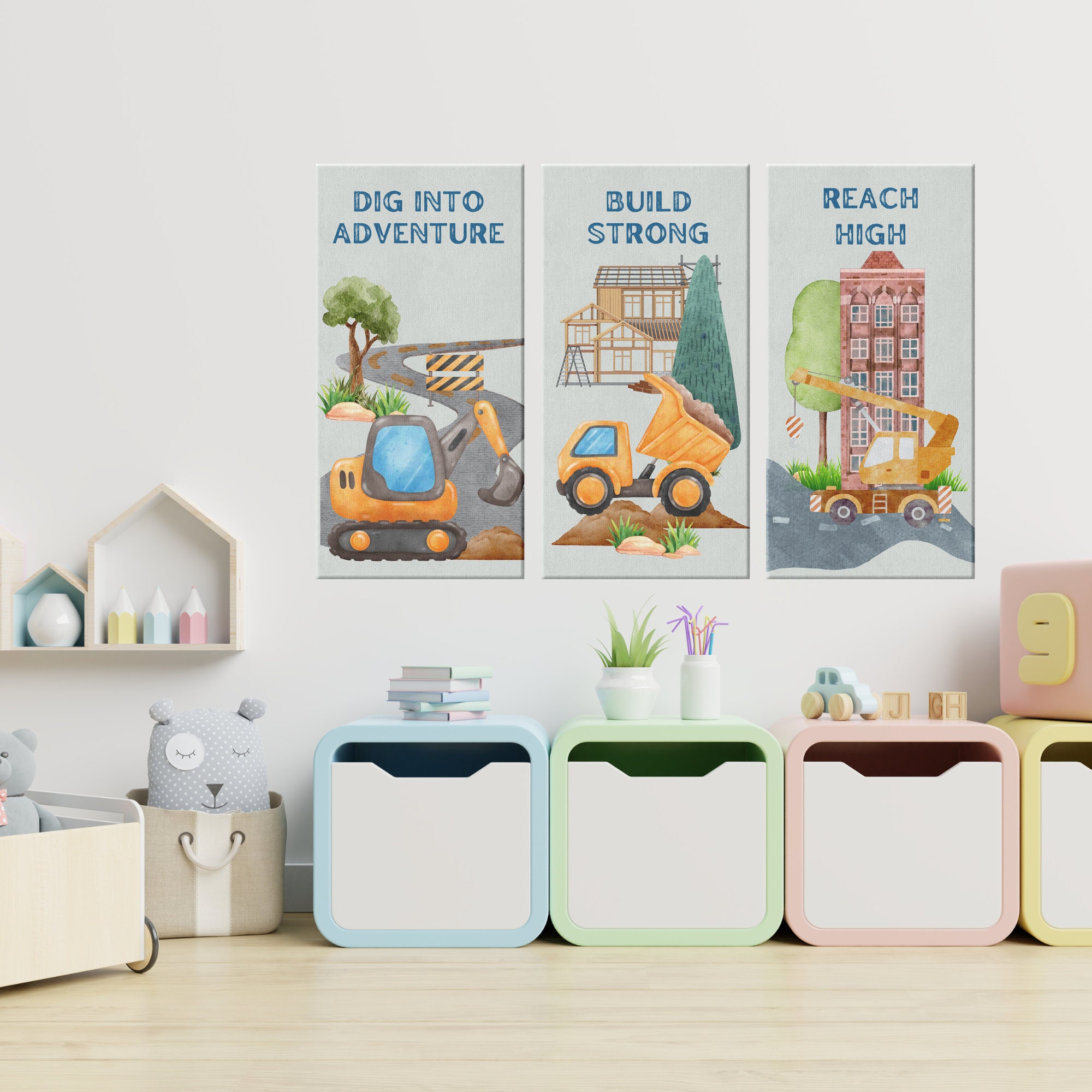 3 Piece Construction Themed Wall Art Set for Boys Room, Canvas Nursery ...