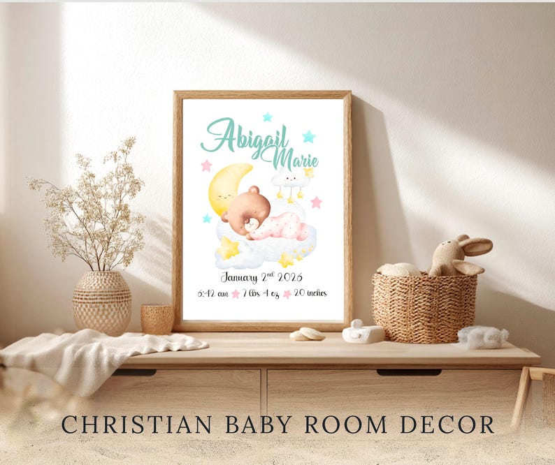Teddy Bear Moon & Star Birth Stat Print Set – Personalized Faith-based ...