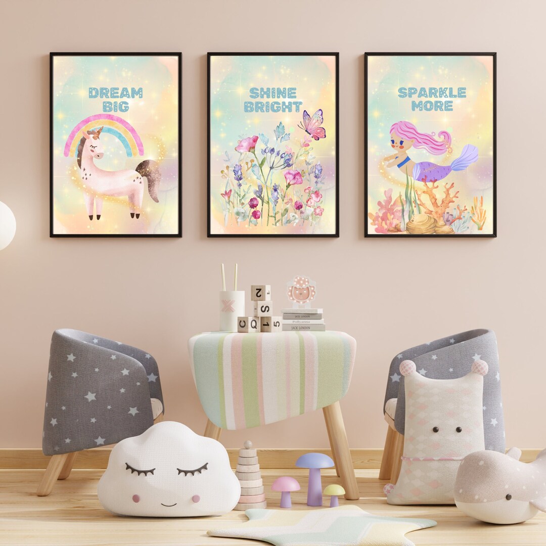 Unicorn Mermaid Printable Baby Room Wall Art 3 Piece Nursery Set ...