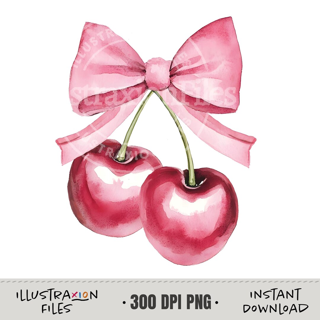 Coquette Pink Bow Cherries | PNG | Pretty | Preppy Ribbon | Watercolor ...