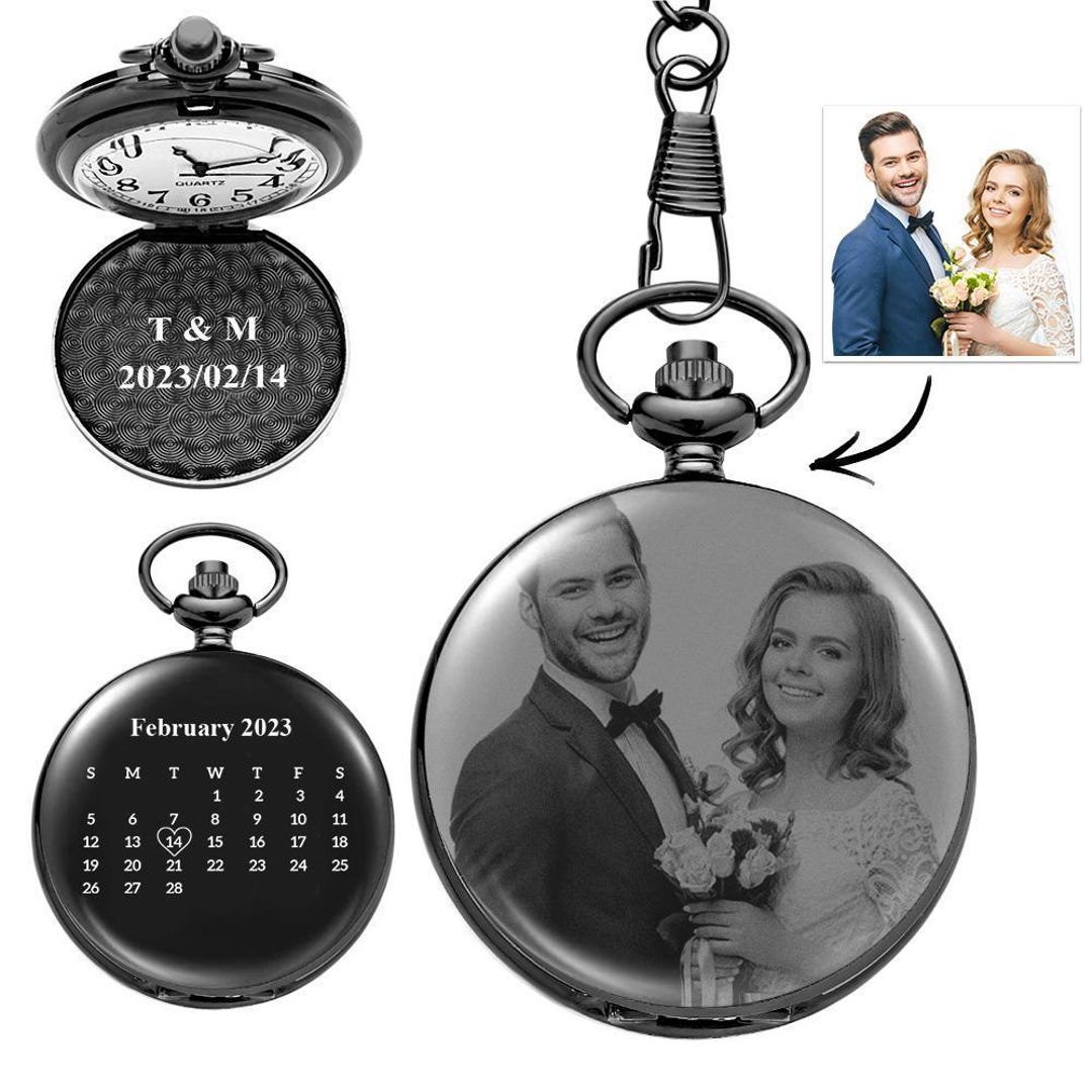 Pocket Watch Engraved Photo Custom Calendar Anniversary Personalised ...