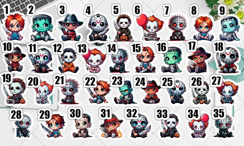 1 Inch Cute Horror Villain Halloween Sticker 35 Pack Bundle, (pack#3 ...