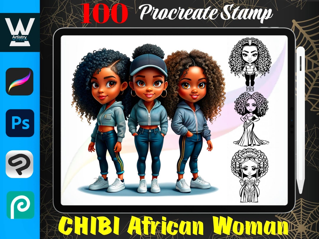 100 Procreate Chibi African Girl Stamps, Chibi Character Stamps for ...