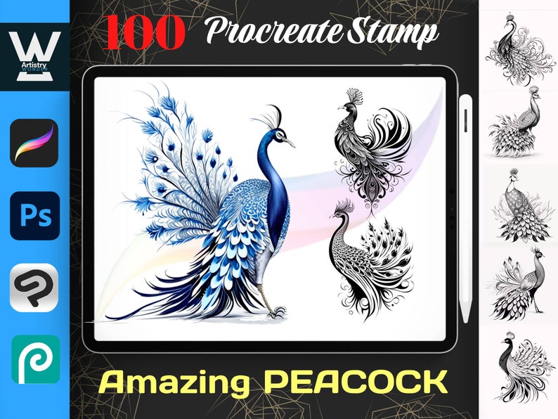 100 Amazing Peacock Procreate Stamps, Realistic Peacock Stamp for ...