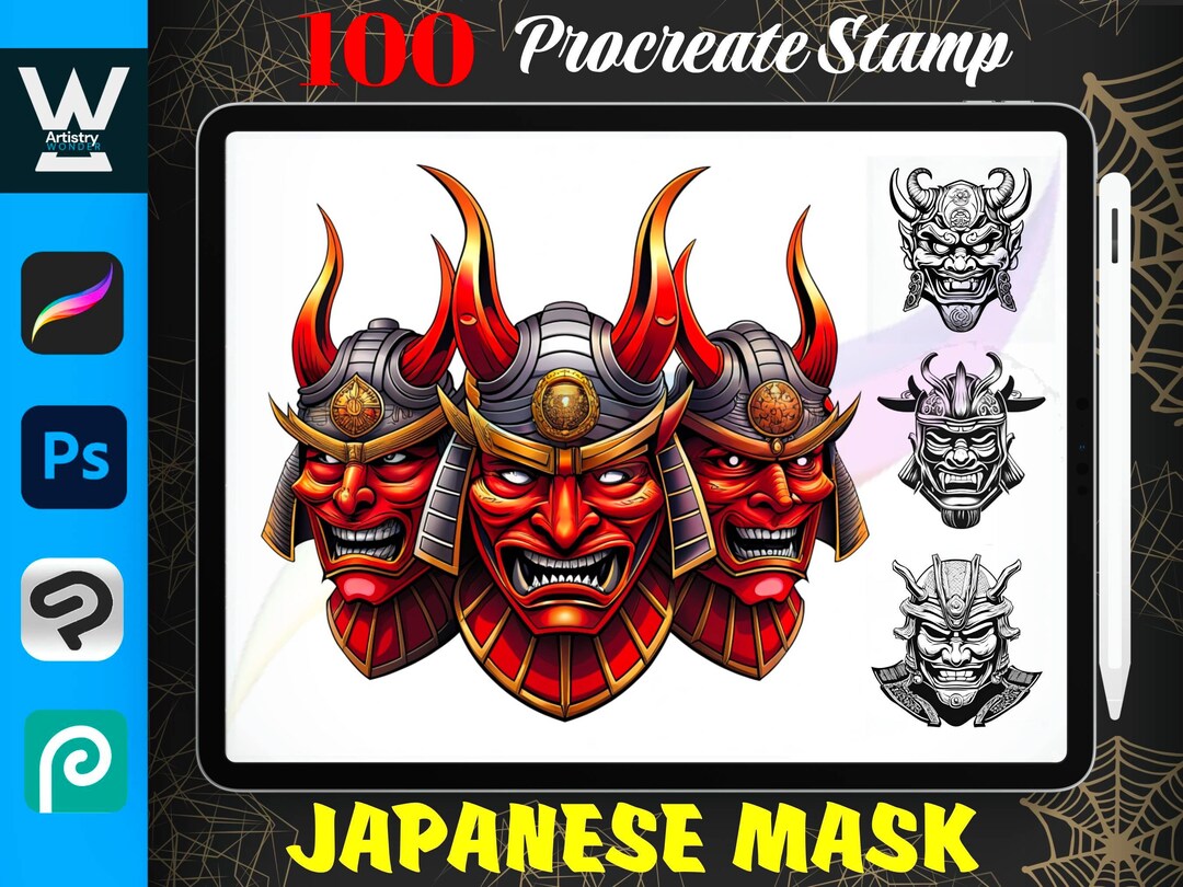 100 Japanese Mask Procreate Stamps| Samurai Brush Set| Digital Download ...