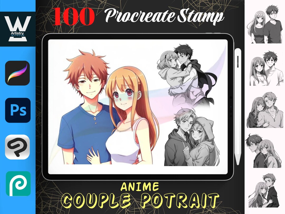 100 Procreate Anime Couple Potrait Stamps, Anime Body Pose Brushes for ...