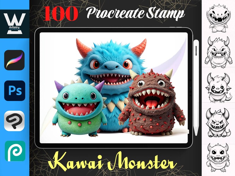 100 Procreate Kawaii Monster Stamps, Cute Monster Stamps for Procreate, Baby Monster Brush Set ...