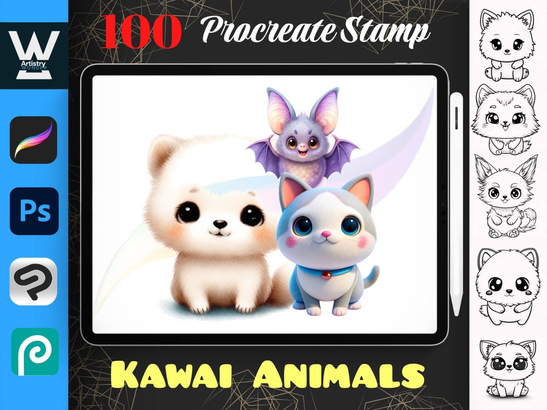 100 Kawaii Animal Procreate Stamps, Cute Pet Brushes (digital Download ...