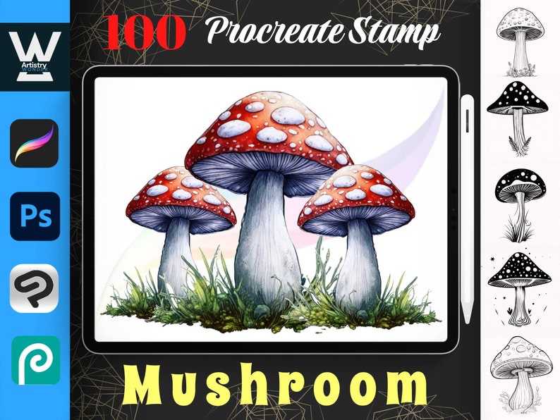 100 Mushroom Procreate Stamps, Mushroom Brushes for Procreate, Realistic Mushroom Brush Set ...