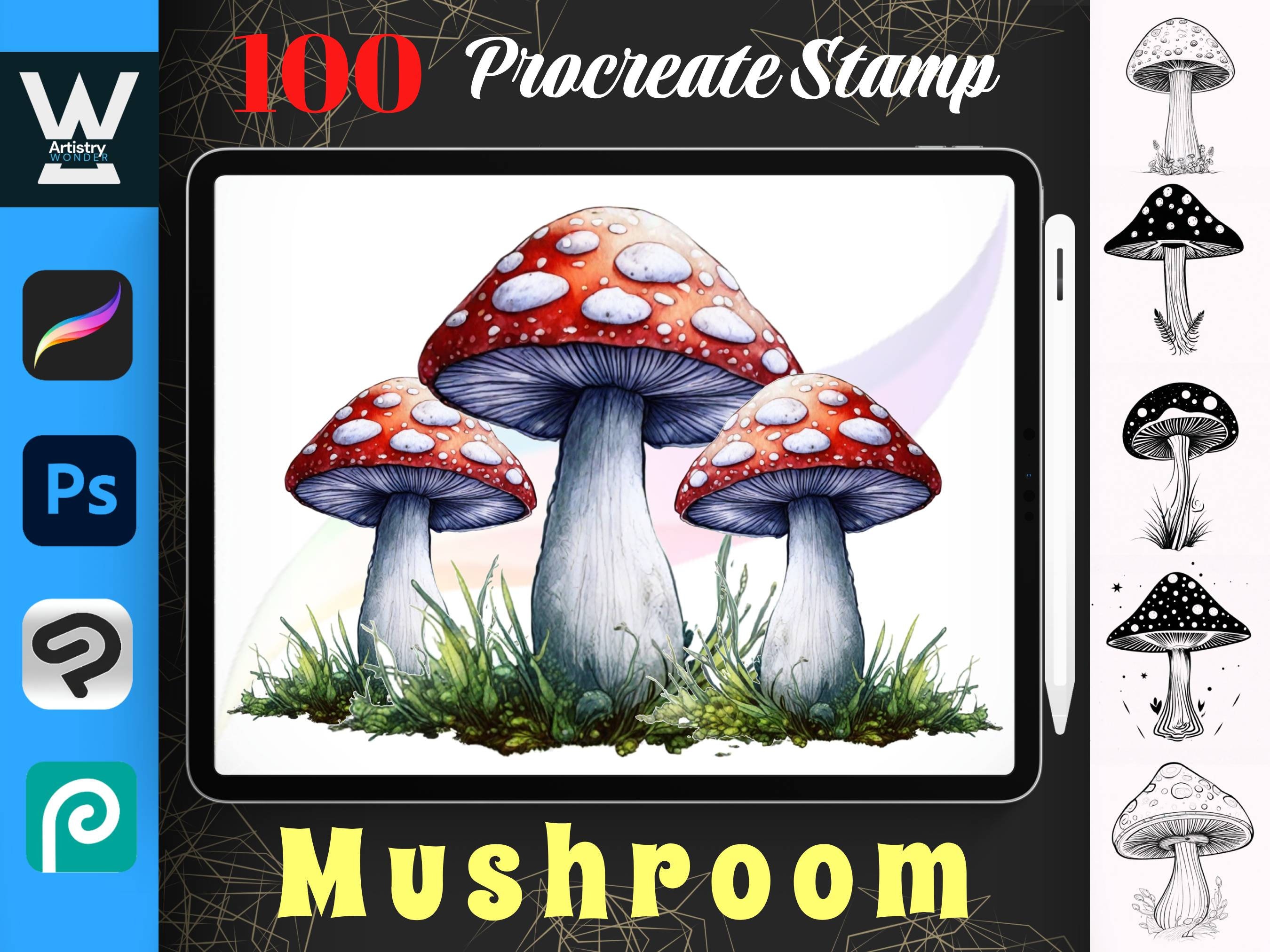 100 Mushroom Procreate Stamps, Mushroom Brushes for Procreate, Realistic Mushroom Brush Set ...