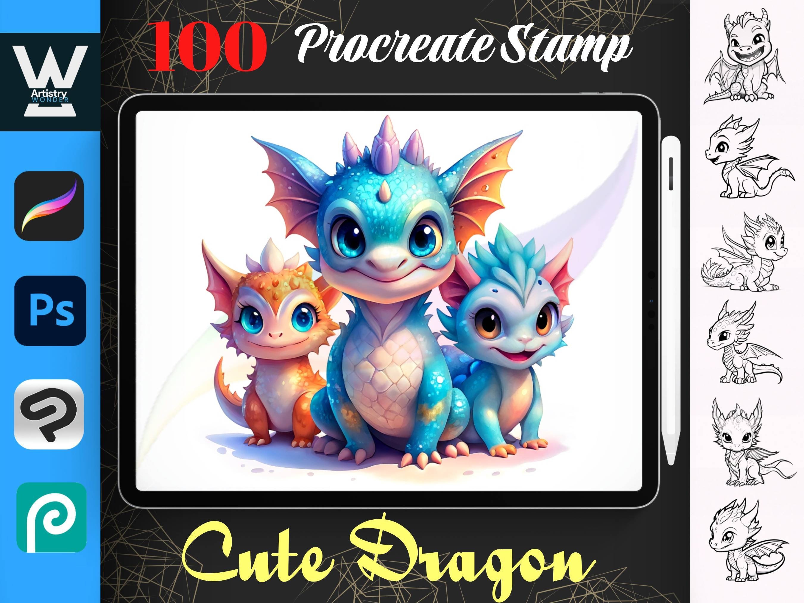100 Cute Dragon Procreate Stamps, Kawaii Dragon Brush Set for Procreate ...