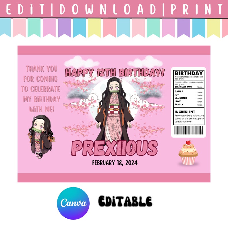EDITABLE Anime Lover Demon Slayer Nezuko Birthday Theme Invitation and ...