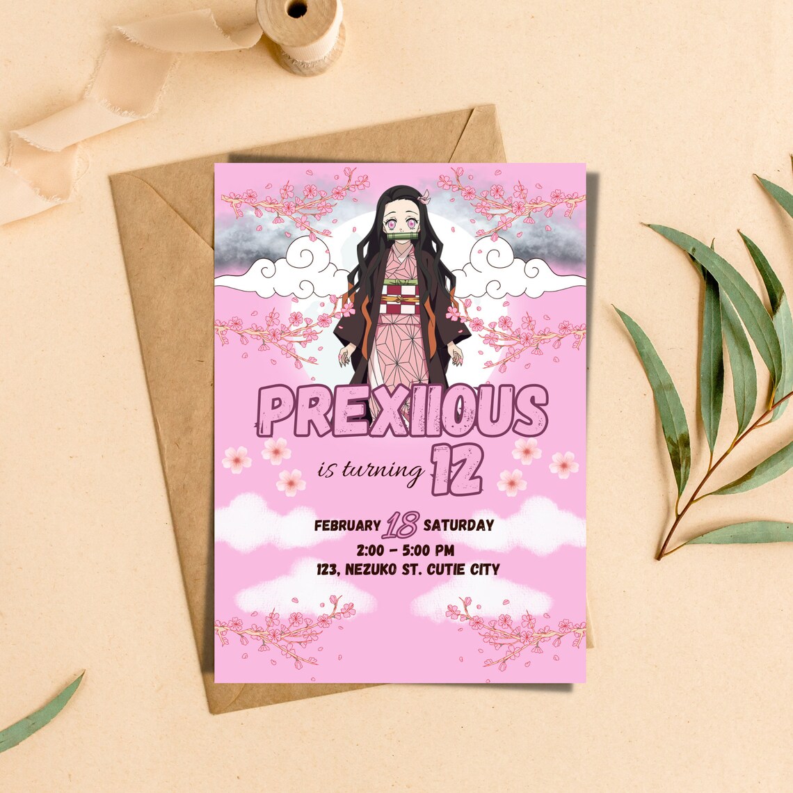 EDITABLE Nezuko Demon Slayer Birthday Invitation Template, Anime ...