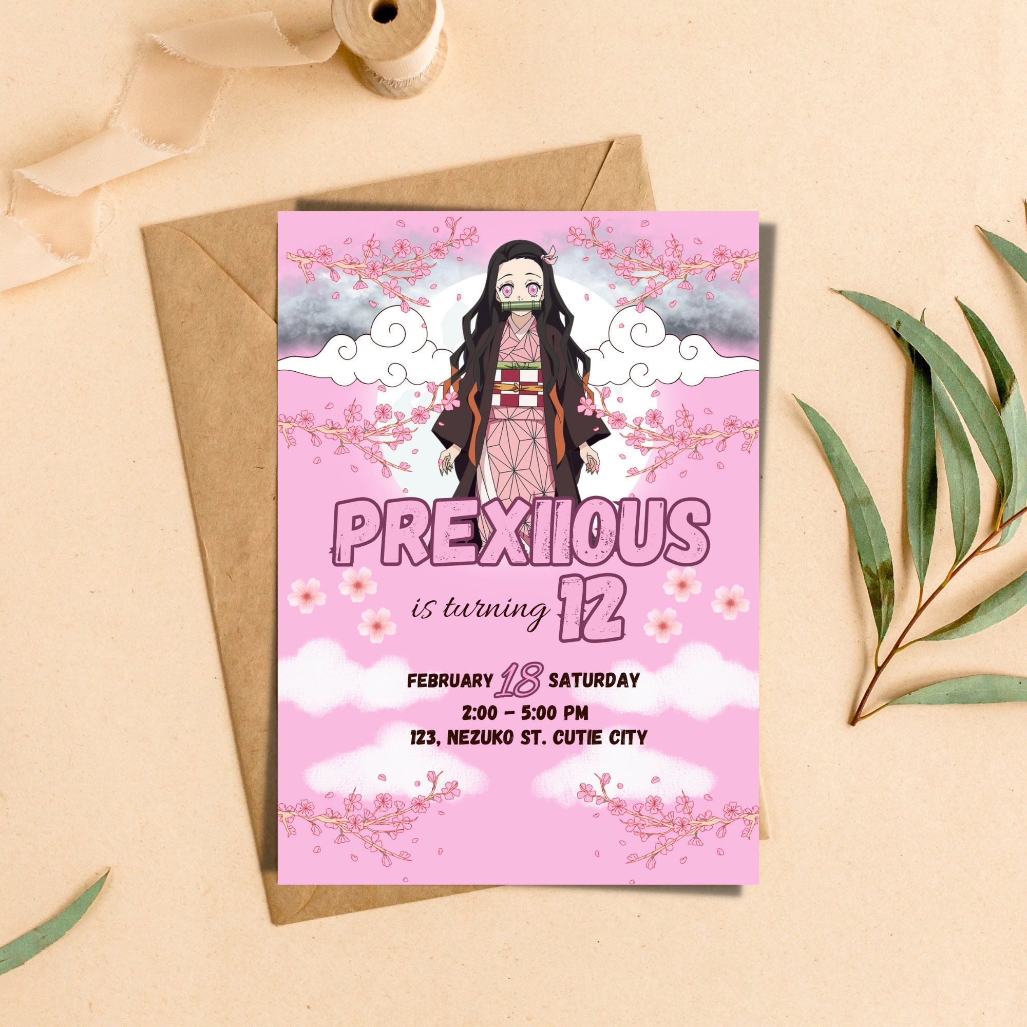 EDITABLE Nezuko Demon Slayer Birthday Invitation Template, Anime ...