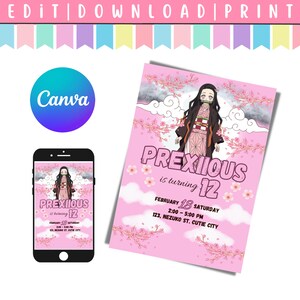 EDITABLE Nezuko Demon Slayer Birthday Invitation Template, Anime ...