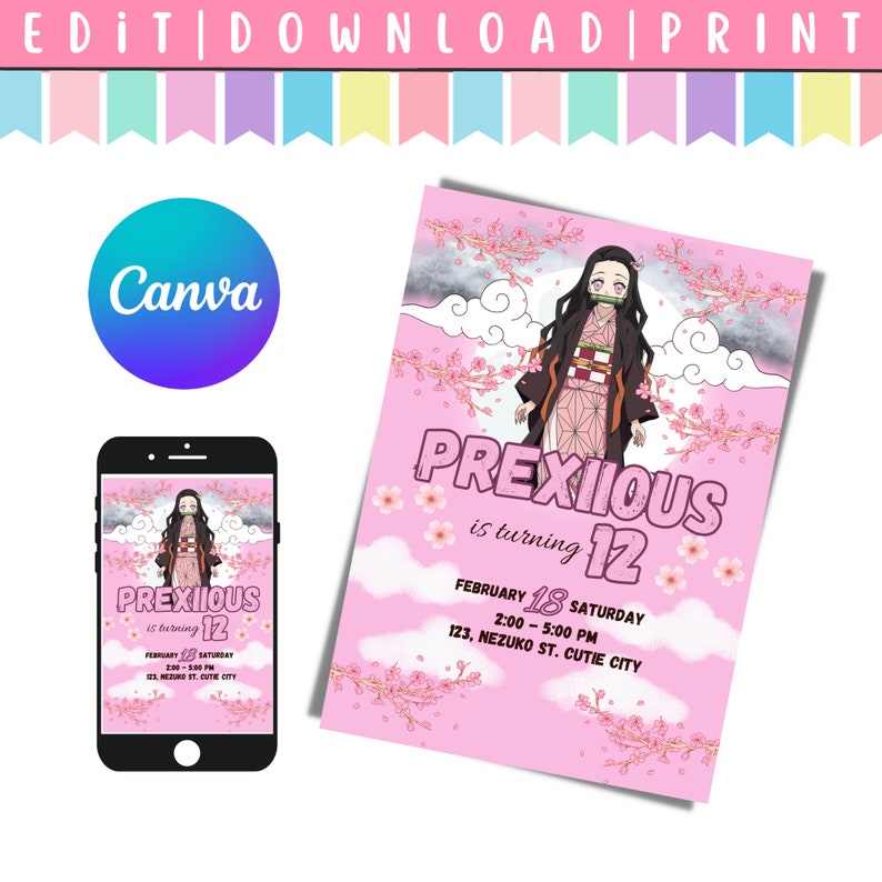 EDITABLE Nezuko Demon Slayer Birthday Invitation Template, Anime ...