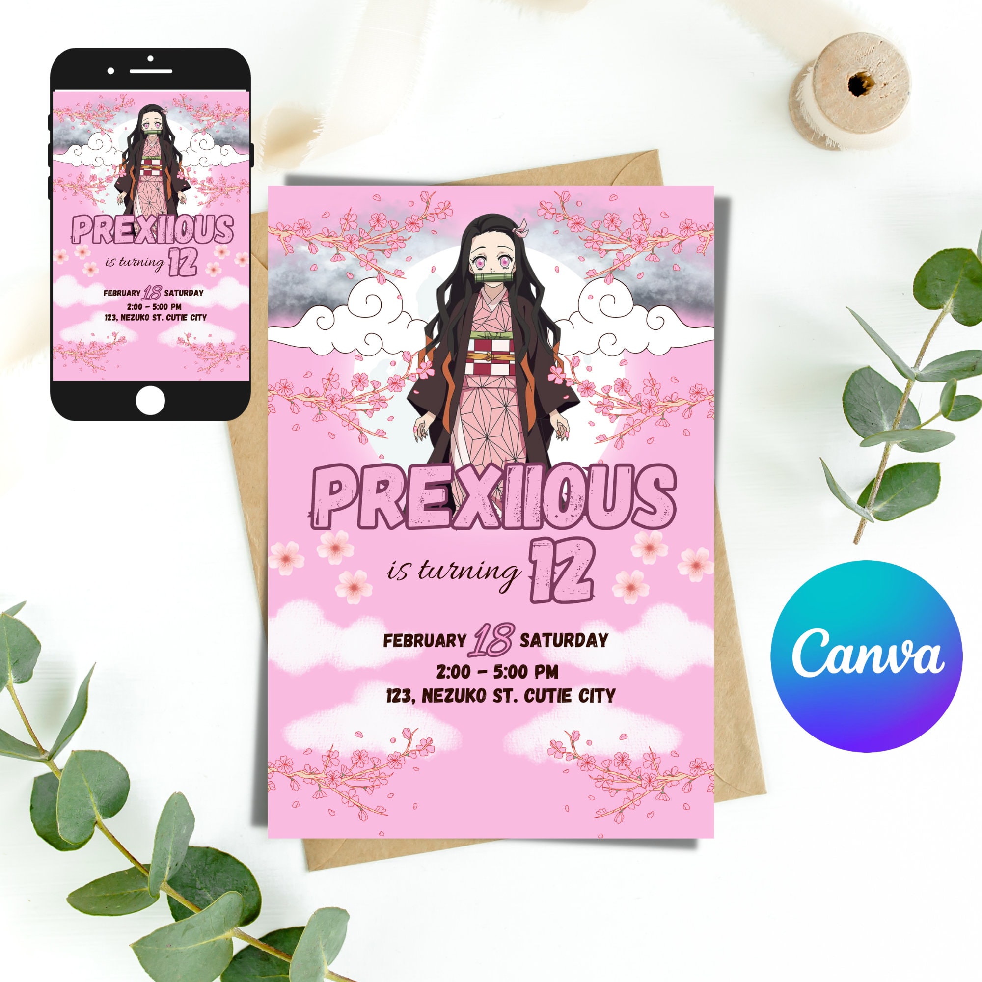 EDITABLE Nezuko Demon Slayer Birthday Invitation Template, Anime ...