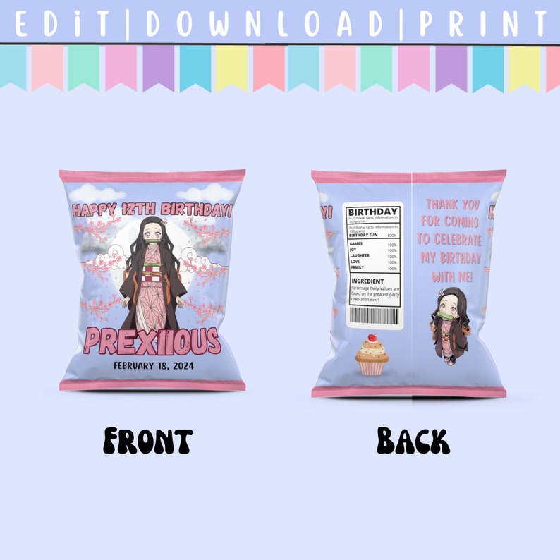 EDITABLE Anime Nezuko Demon Slayer Birthday Chip Bag Template Anime ...