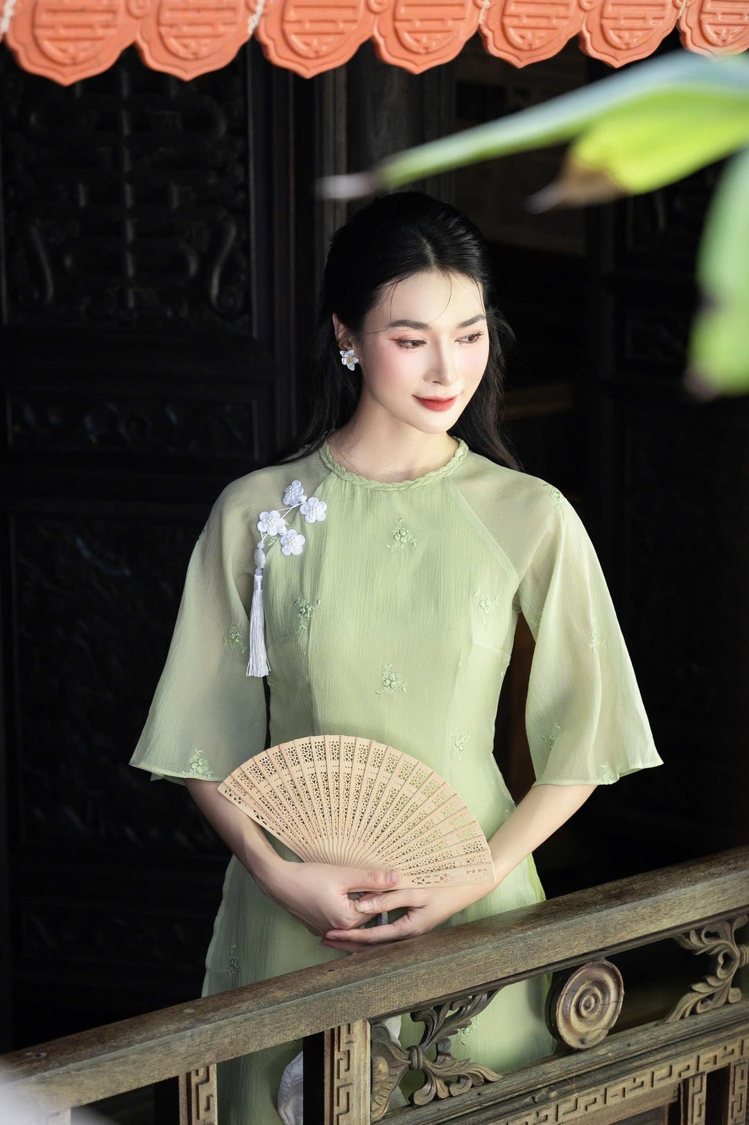 Flowy Pastel Sage Green Organza Floral Embroidery Ao Dai Set ...