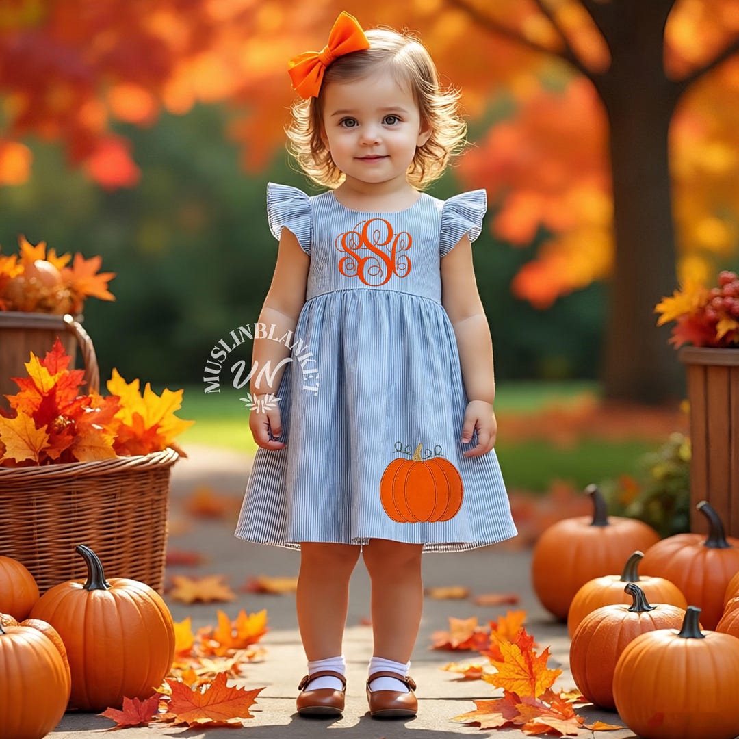 Pumpkin Fall Dress for Toddler Girl, Autumn Seersucker Flutter Sleeve ...