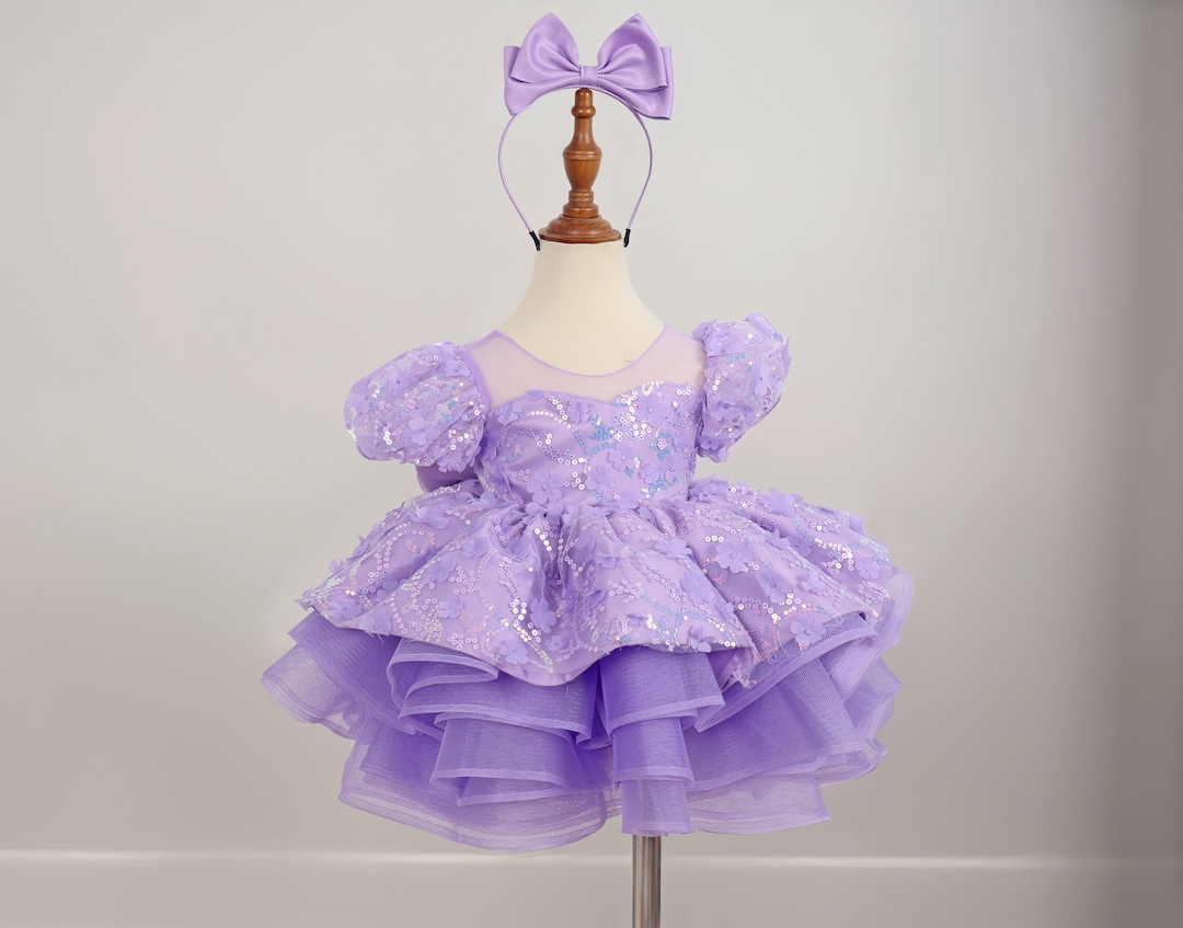 Floral Lilac 1st 2nd 3rd Birthday Dress Baby Girl Toddler Fancy Lace ...