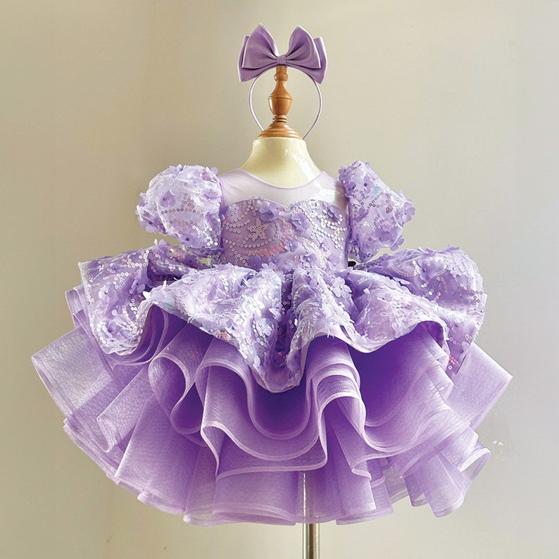 Floral Lilac 1st 2nd 3rd Birthday Dress Baby Girl Toddler Fancy Lace ...
