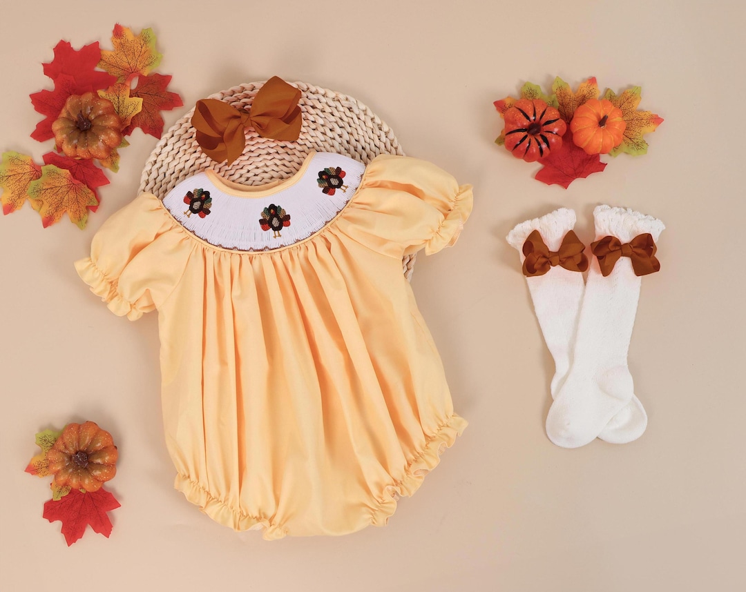 Thanksgiving Turkey Smocked Bubble , Matching Sibling, Puff Sleeves Bubble Romper, Baby Girl ...
