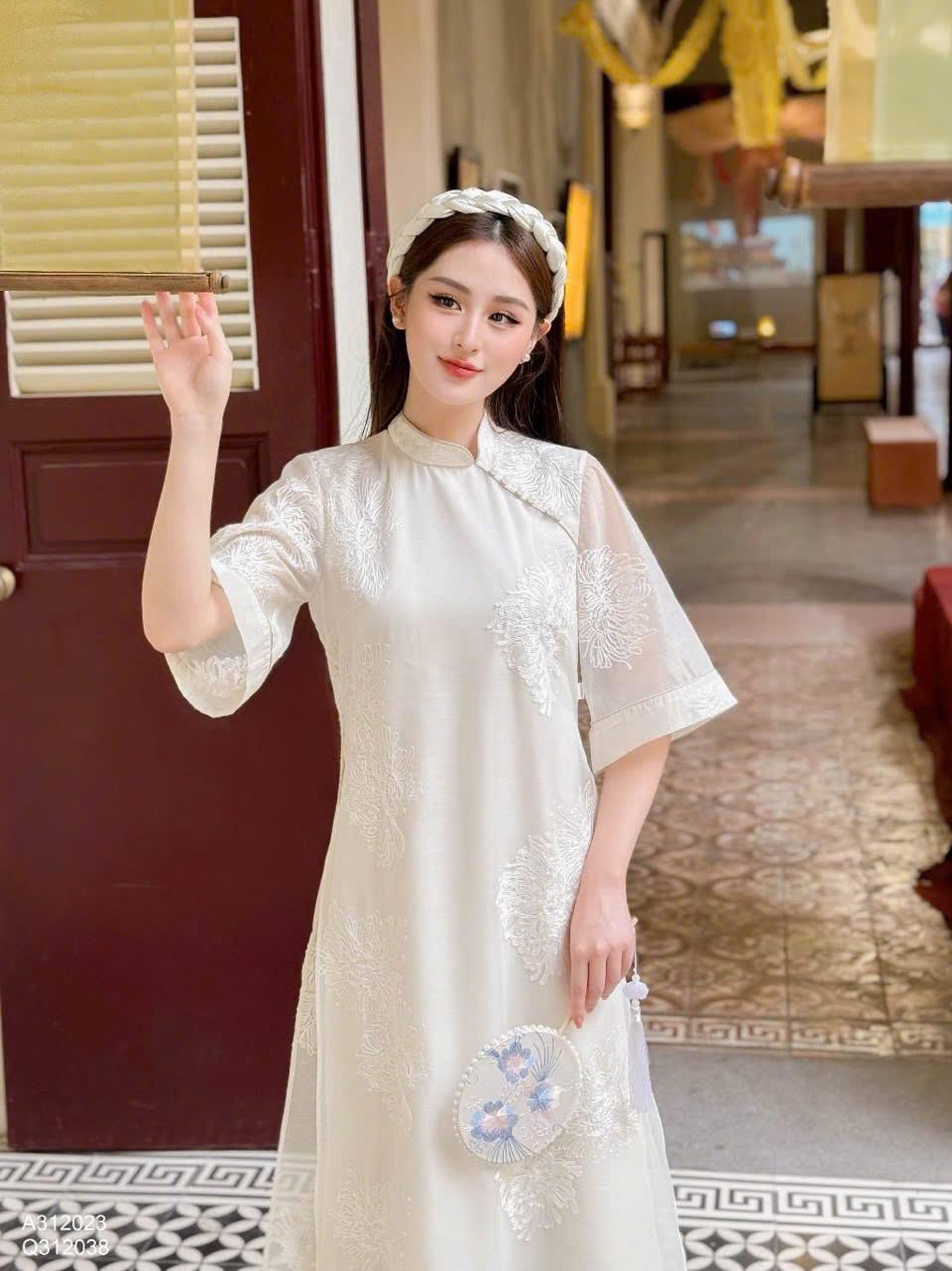 Flowy Pastel Blue Blush Organza Floral Embroidery Ao Dai Set ...