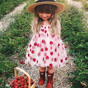 Pink Strawberry Tulle Dress and Headband | Berry First Birthday Dress ...