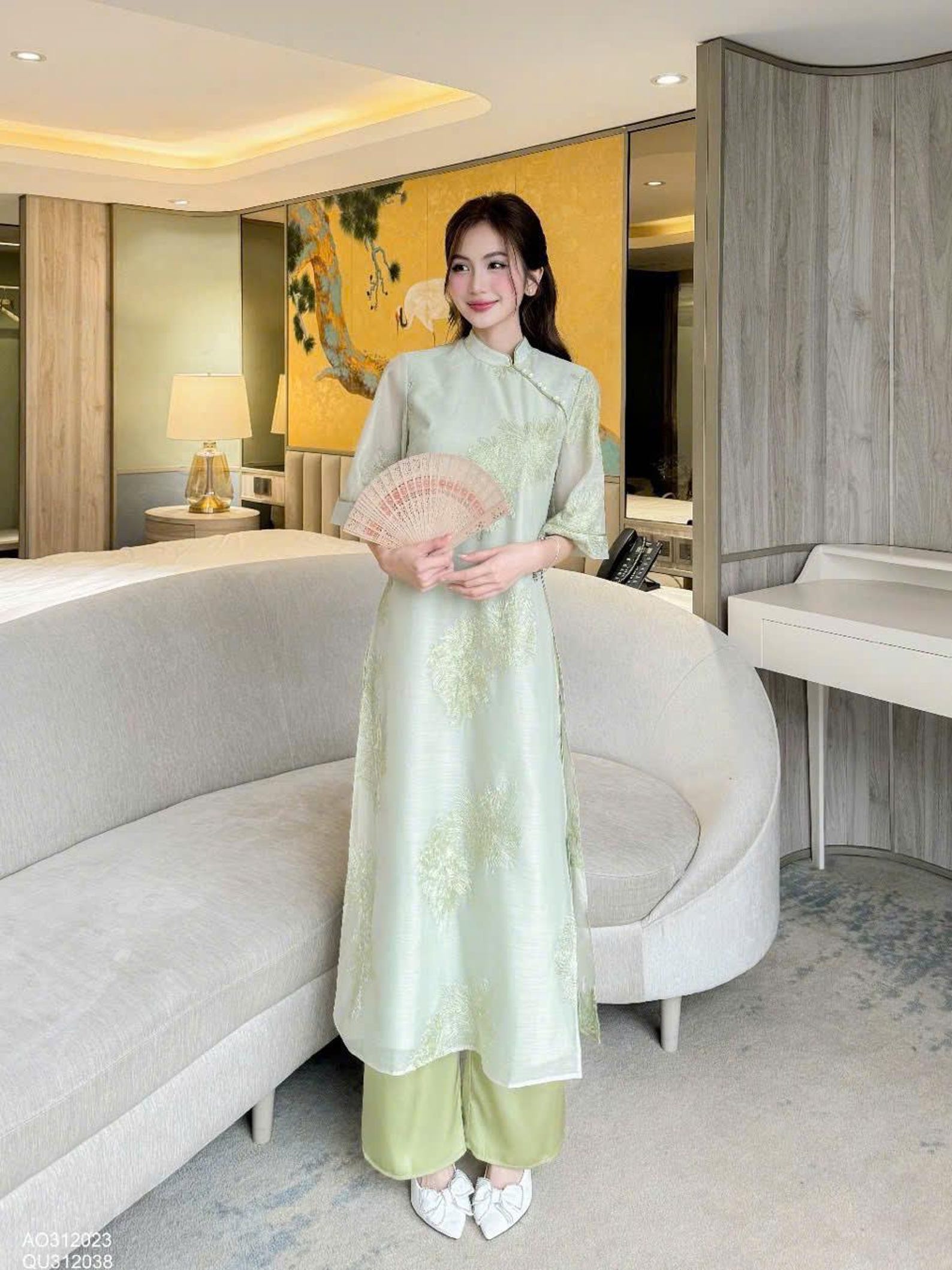 Flowy Pastel Blue Blush Organza Floral Embroidery Ao Dai Set ...