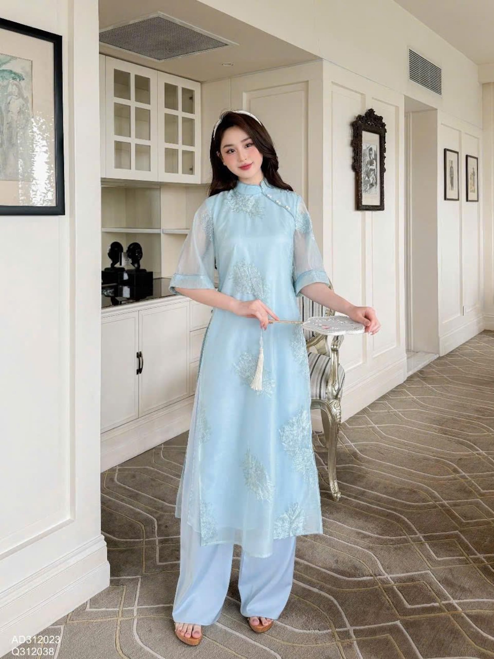Flowy Pastel Blue Blush Organza Floral Embroidery Ao Dai Set ...