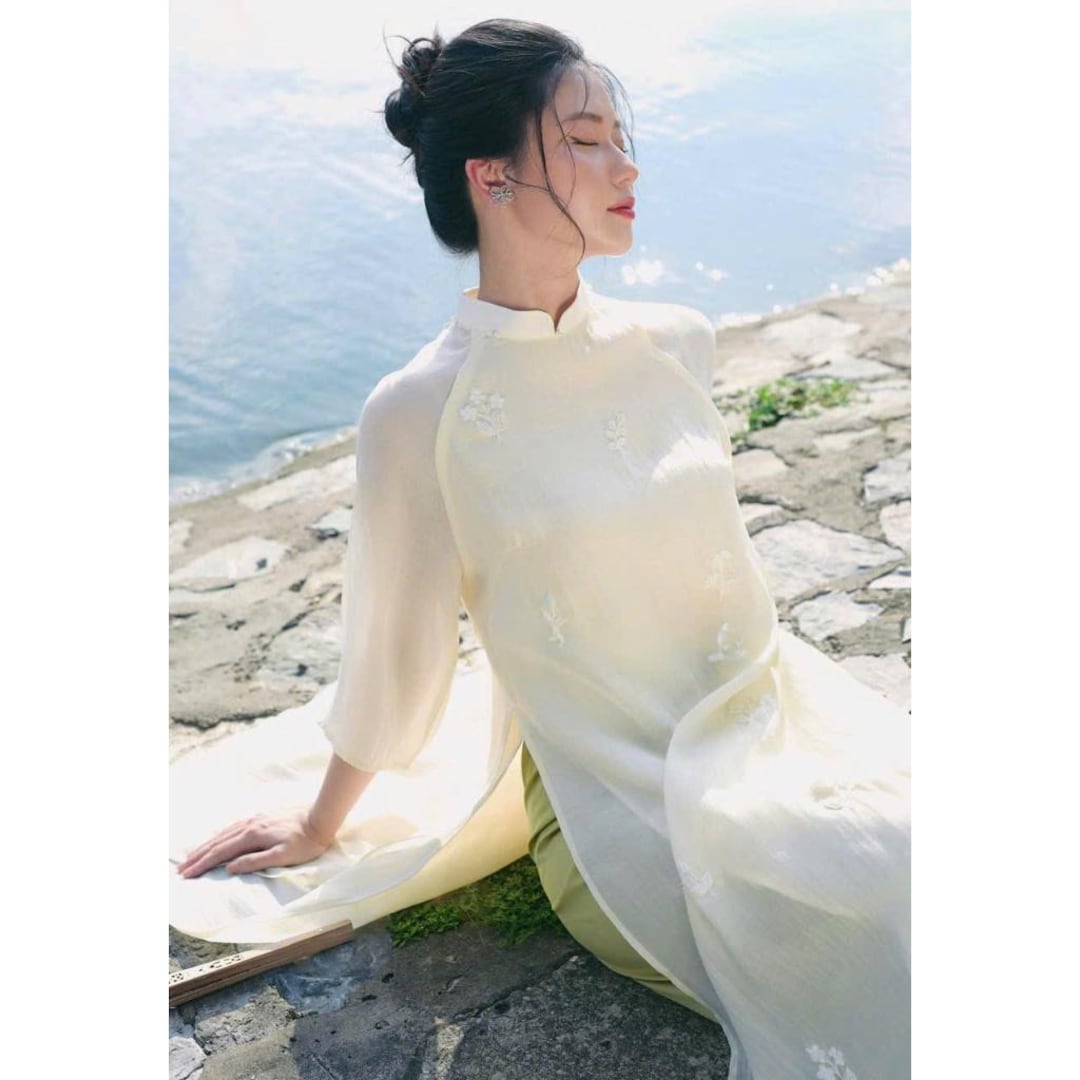 Flowy Pastel Ivory Chiffon Embroidery Ao Dai Top Only, Modernized ...