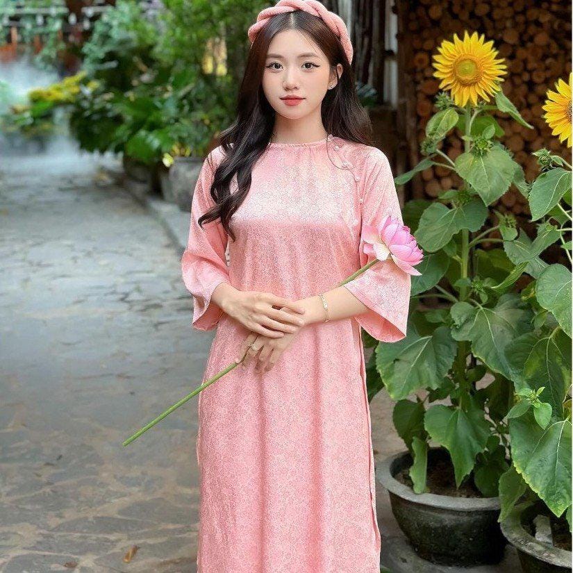 Flowy Pastel Pink Silk Floral Embroidery Ao Dai Set, Modernized ...