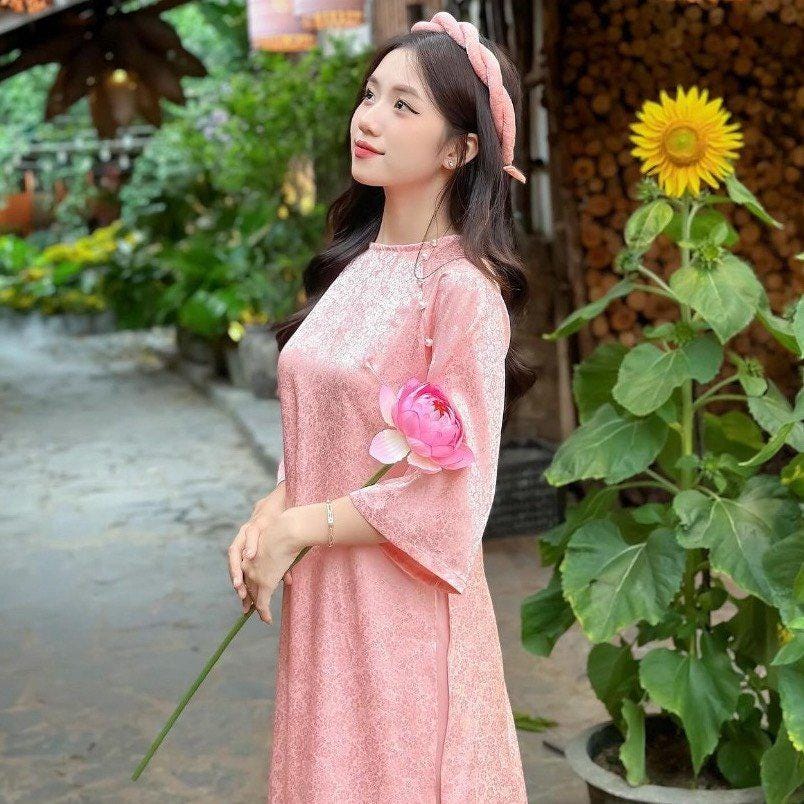 Flowy Pastel Pink Silk Floral Embroidery Ao Dai Set, Modernized ...