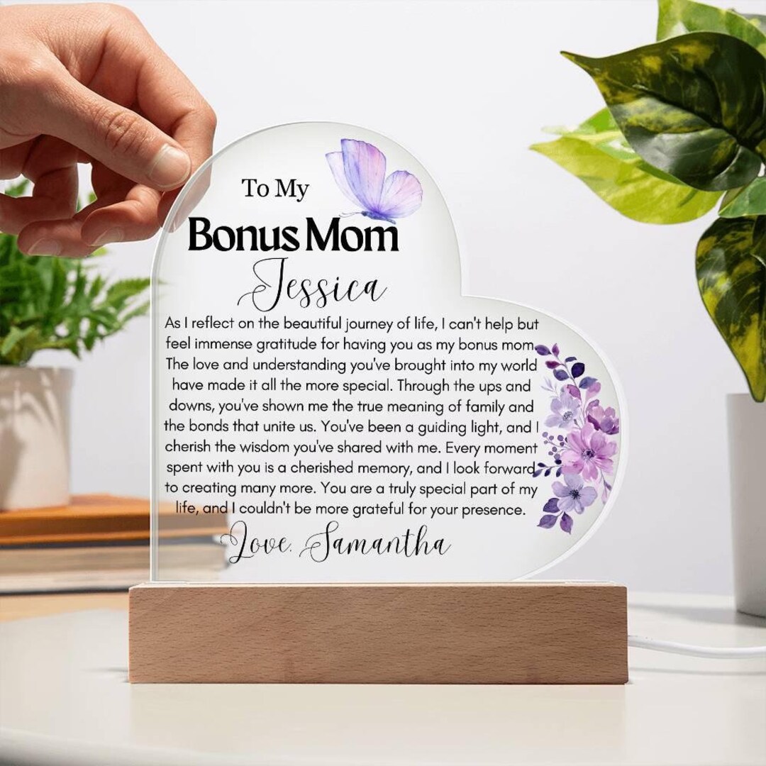 Personalized to My Bonus Mom Heart Acrylic Plaque, Birthday Gift for ...