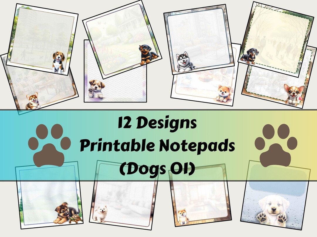 Watercolor Style Printable Memo Pad, Dogs and Puppies Designs, Digital ...