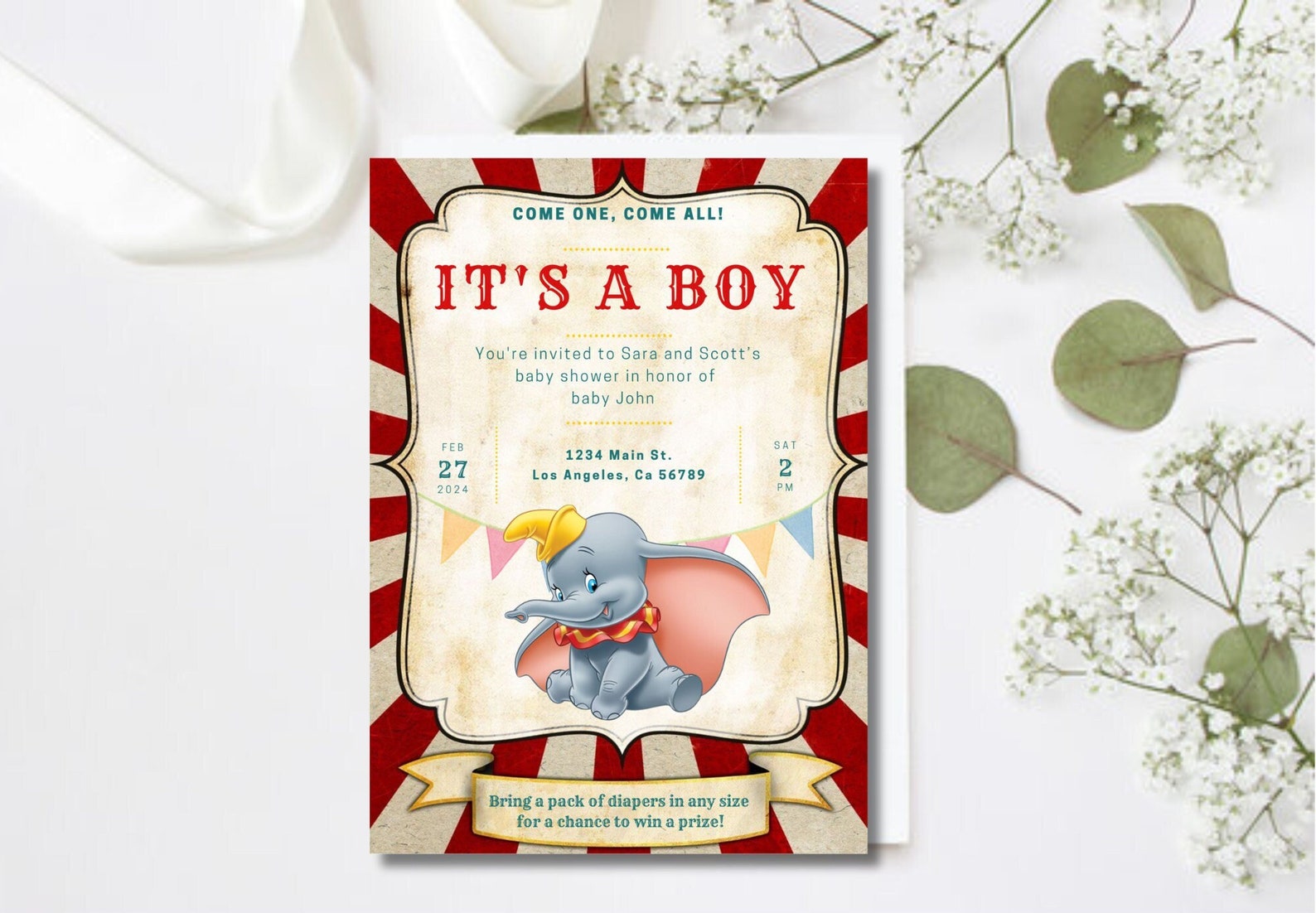 Circus Dumbo Baby Shower Invitation - Etsy