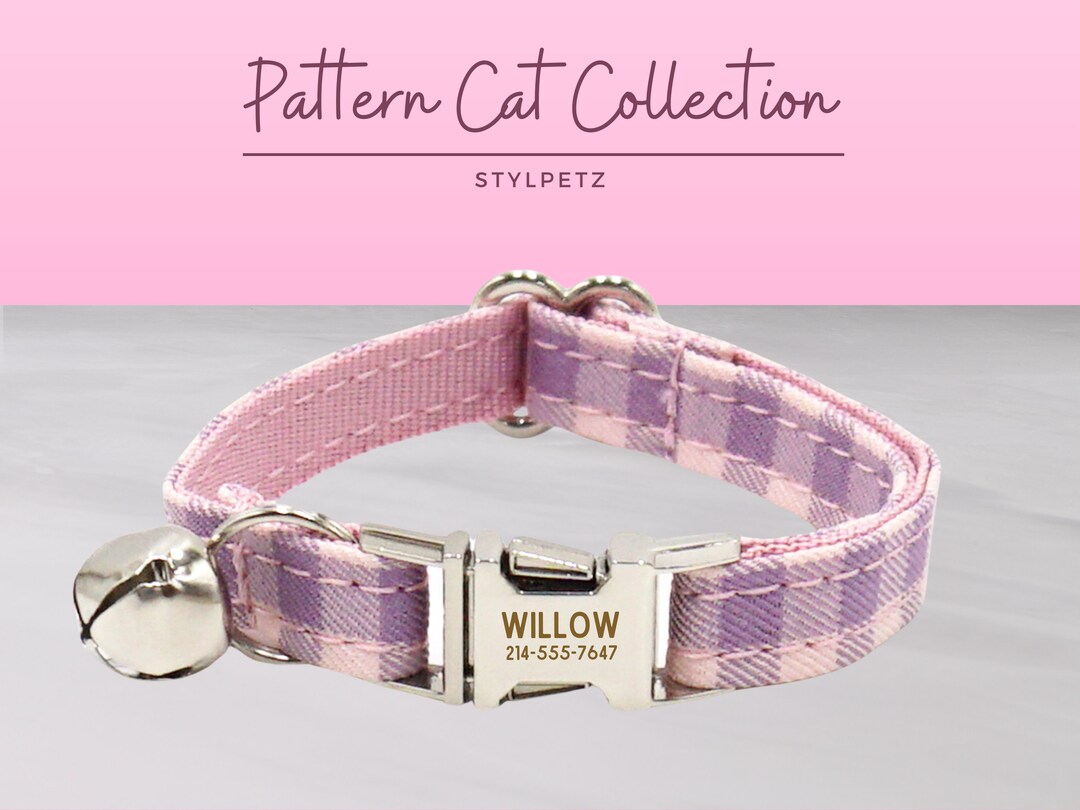 Lilac Checker - Luxury Personalized Engraved Cat Collar Set With Leash ...