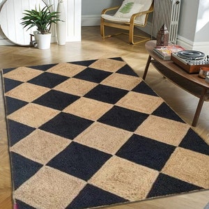 Jute Kilim Checkerboard Rug, Handmade Checker Rug, Home Decor Checkered ...