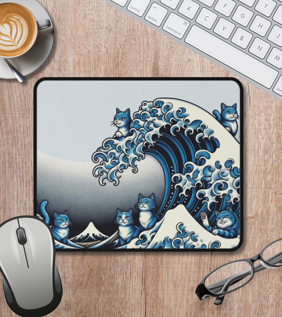 Blue Wave Cats for Kamala Mouse Pad, Ukiyo-e Inspired Art, Trendy ...